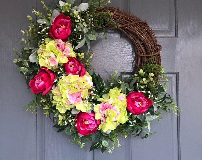 Hydrangea and Peony Spring Wreath, Summer Wreaths for Front Door, - Etsy