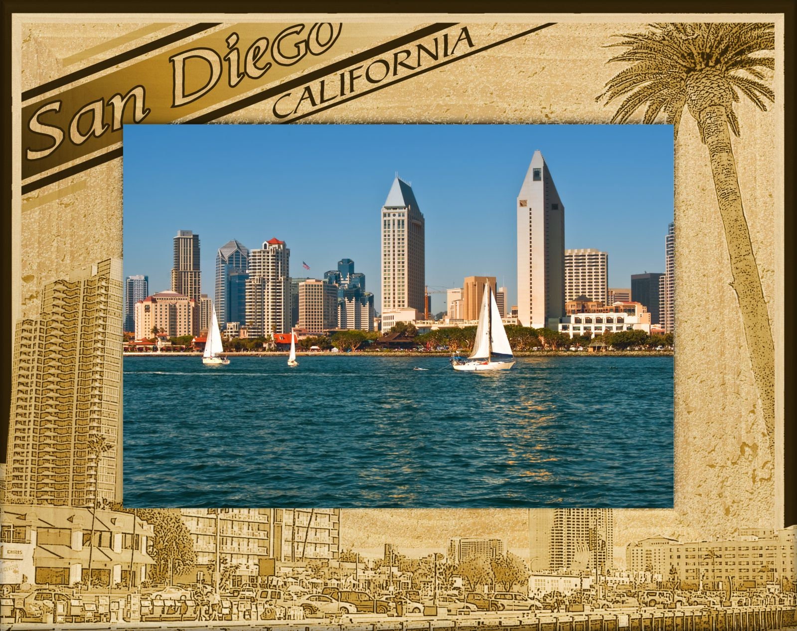 San Diego California With Palm Tree Laser Engraved Wood Picture Frame ...