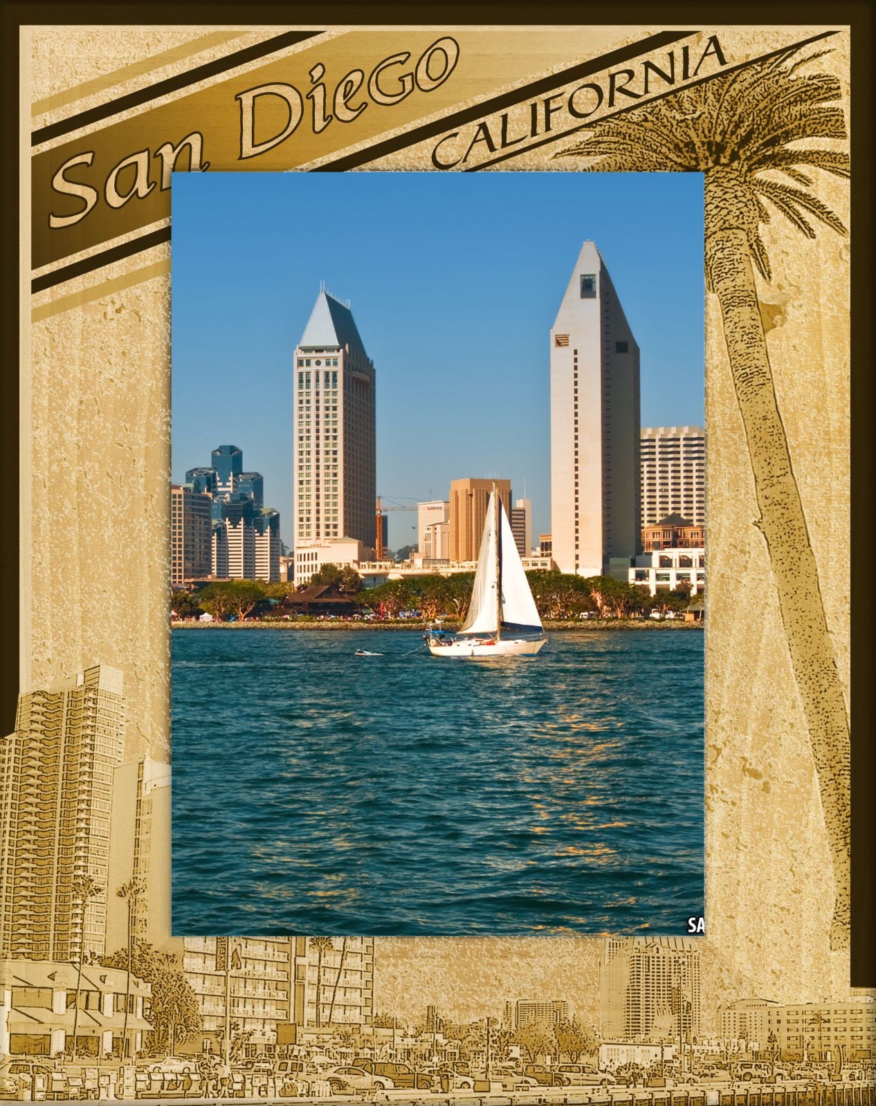 San Diego California With Palm Tree Laser Engraved Wood Picture Frame ...