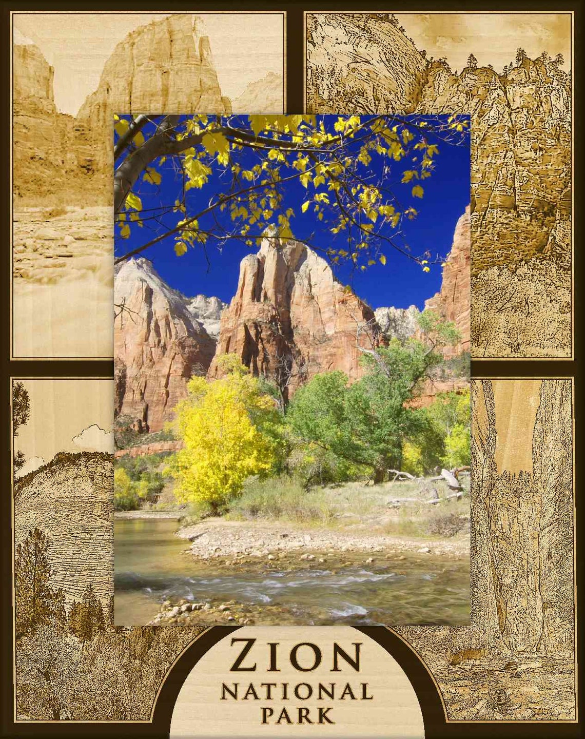 Zion National Park With 4 Scenes Laser Engraved Wood Picture - Etsy