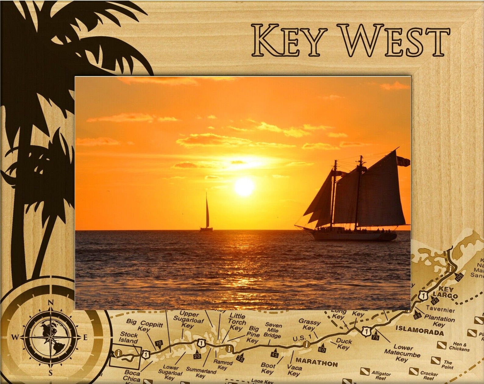 Key West Florida With Map Laser Engraved Wood Picture Frame - Etsy