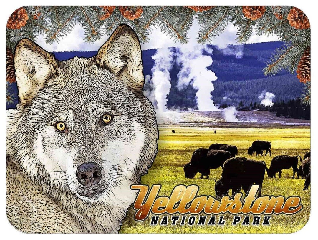 Yellowstone National Park With Wolf and Bison Fridge Magnet - Etsy