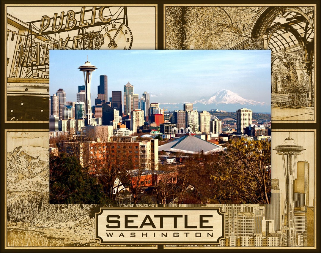 Seattle Washington Montage Laser Engraved Wood Picture Frame - Etsy