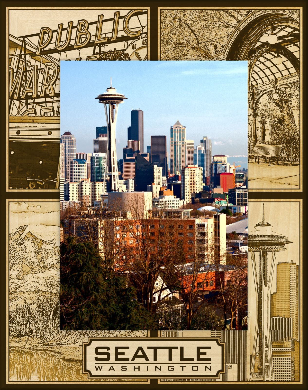 Seattle Washington Montage Laser Engraved Wood Picture Frame - Etsy