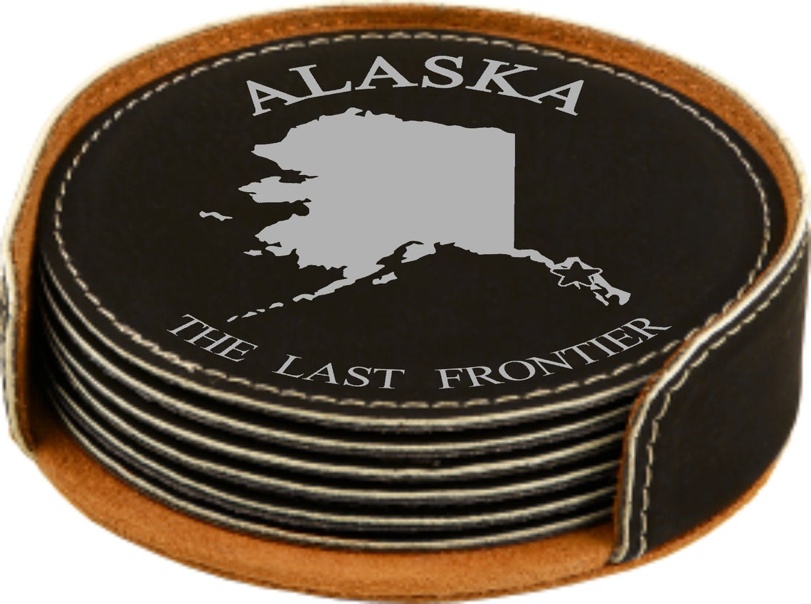 Alaska State Outline With Motto 4" Round Leather 6-coaster Set With ...