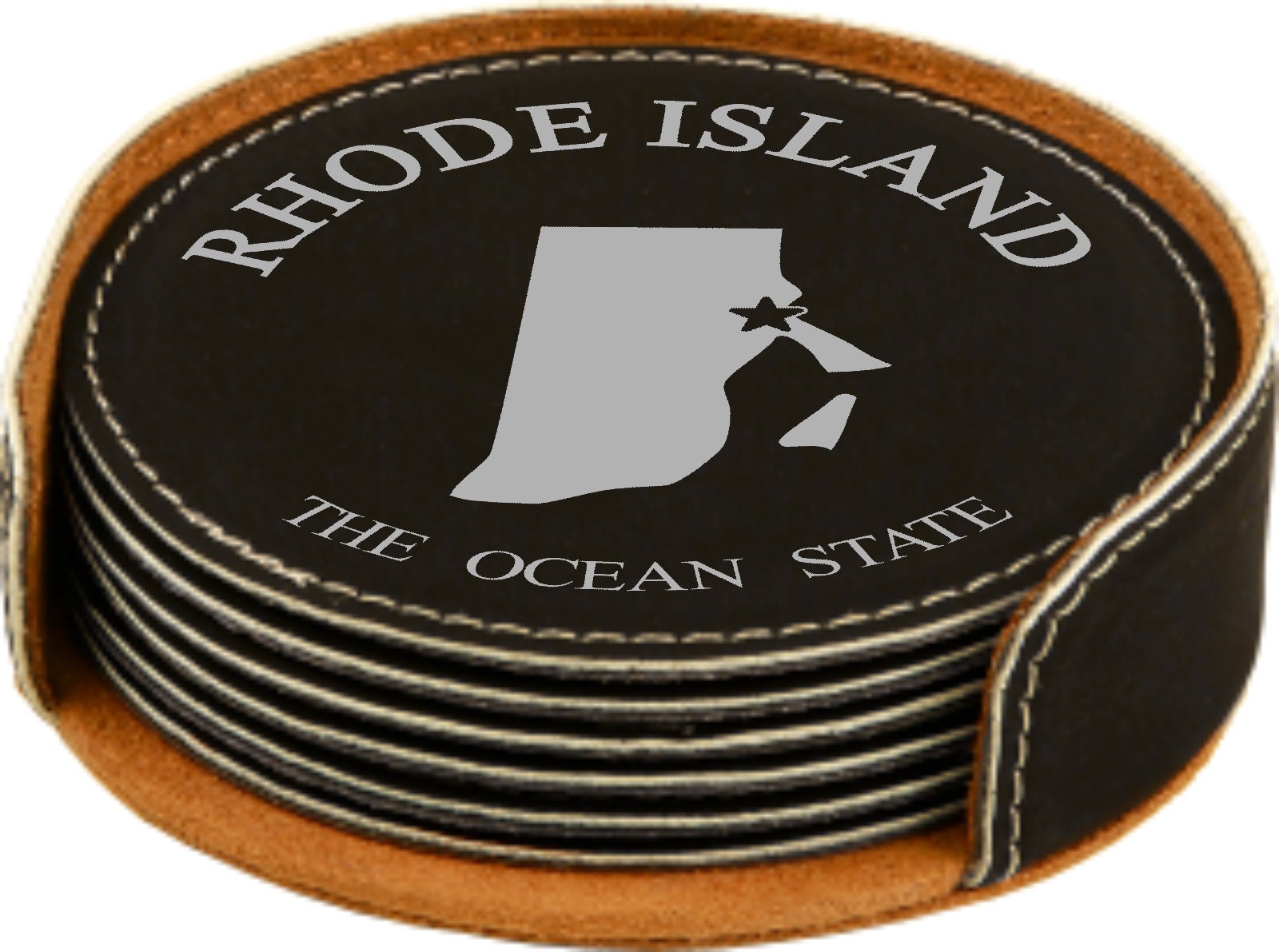 Rhode Island State Outline With Motto 4" Round Leather 6-coaster Set ...