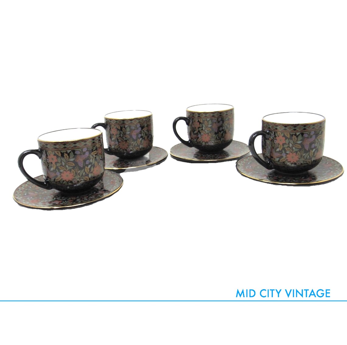 Set of Four Coffee Cups and Saucers With Ornate Floral Pattern ...