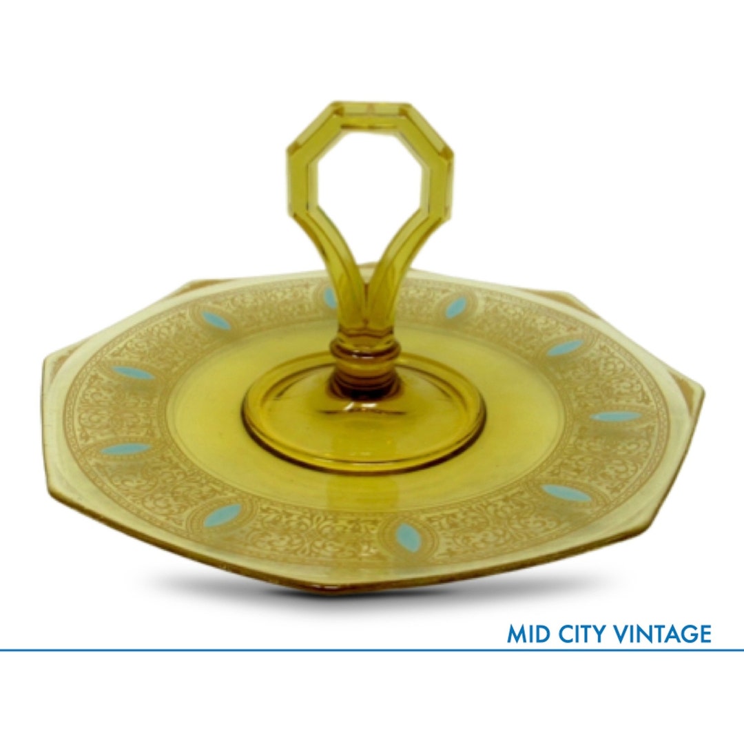 1930s Topaz Sandwich and Snack Plate With Handle Art Deco Glassware ...