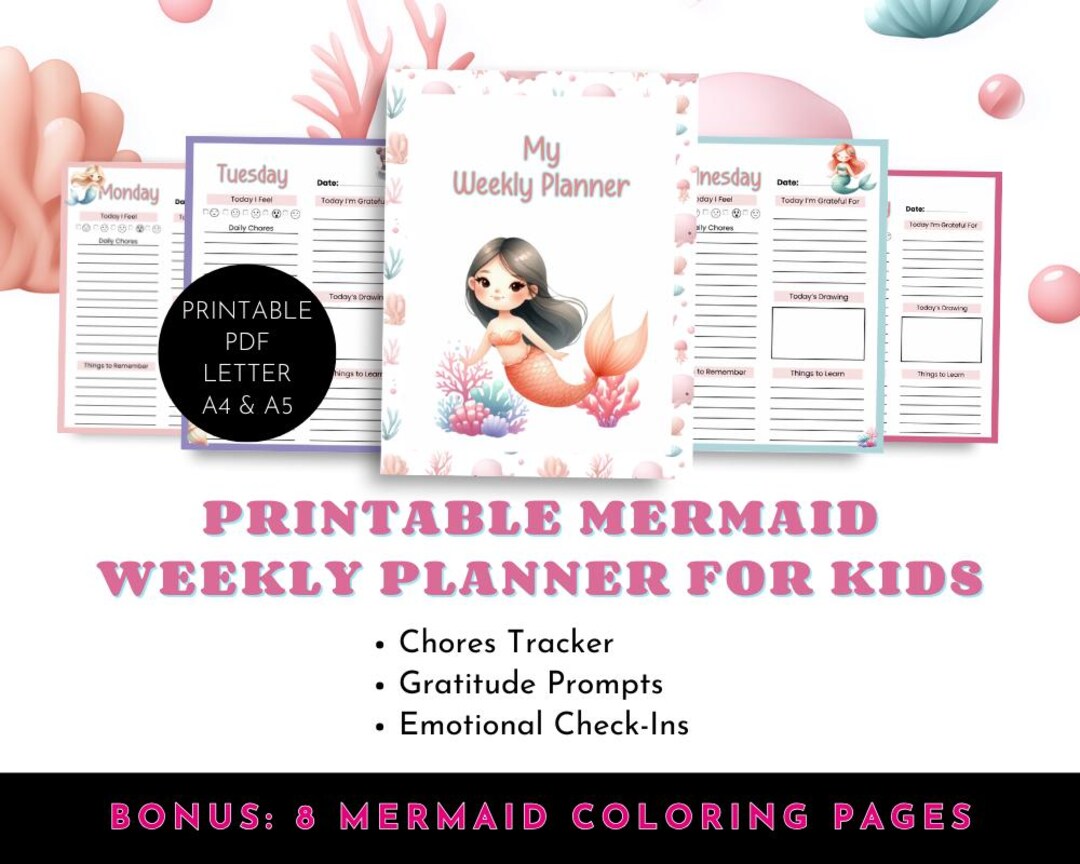 Kids Mermaid Weekly Planner Printable – Emotional Check-in, Chores ...