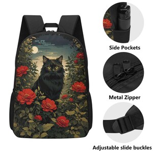 17 Inch Backpack, Retro Witchy Black Cat Rucksack Red Flowers, Full ...