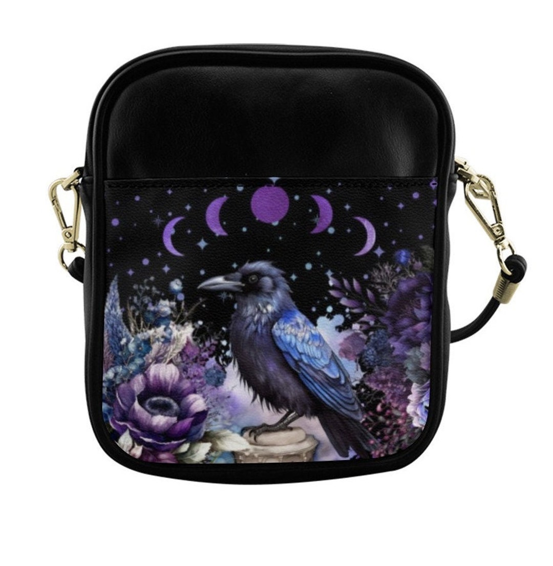 Mini Phone Purse, Goth Raven Bag, Purple Flowers Vegan Sling Bag, Small ...