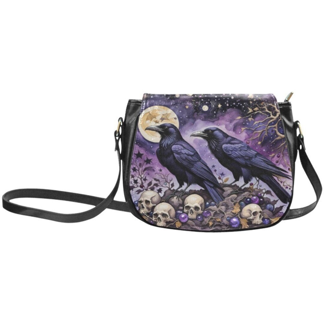 Purple Goth Crossbody Bag, Crows Ravens Handbag, Vegan Saddlebag Purse ...