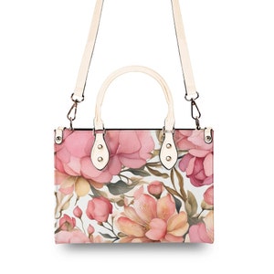 Elegant Pink Flowers Purse, Spring Floral Faux Leather Hand Bag, Unique ...