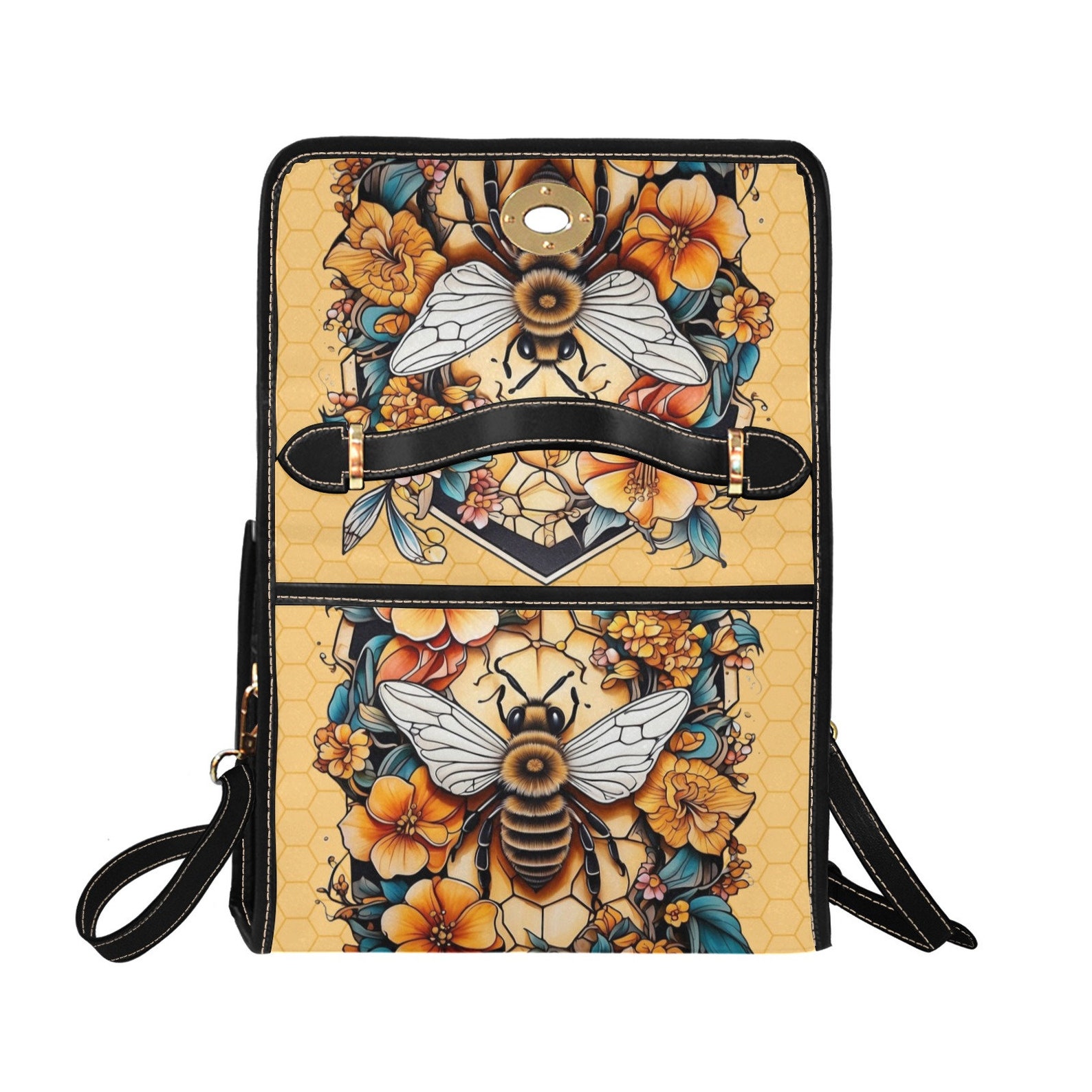 Yellow Honey Bee Purse Handbag, Floral Honeycomb Canvas Satchel Bag ...
