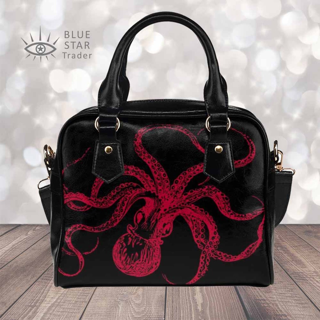 Black Red Octopus Handbag, Small Vegan Handbag, Goth Bag, Bowler Bag ...