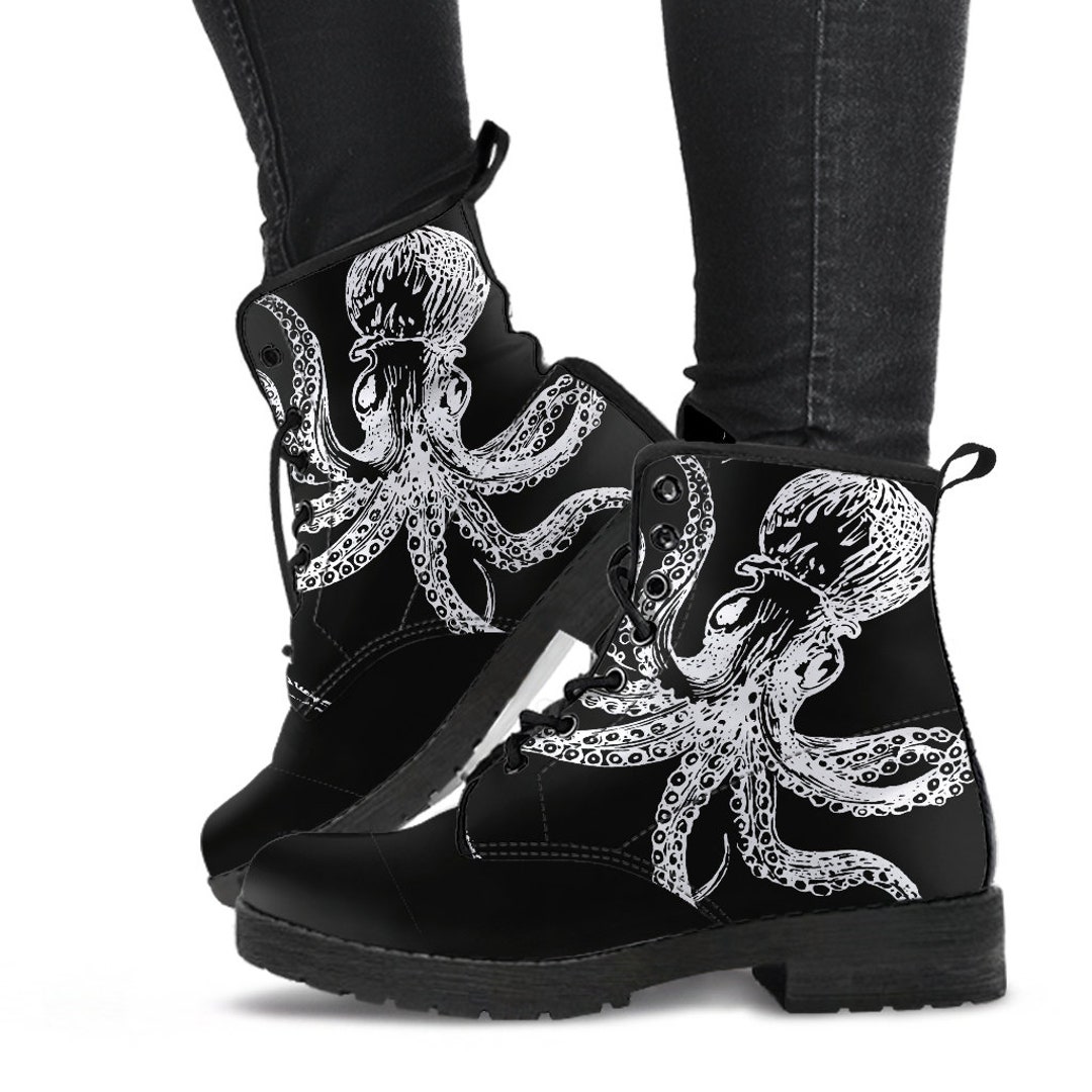 Octopus Boots, Goth Boots, Black White Kracken Ankle Boots, Steampunk ...