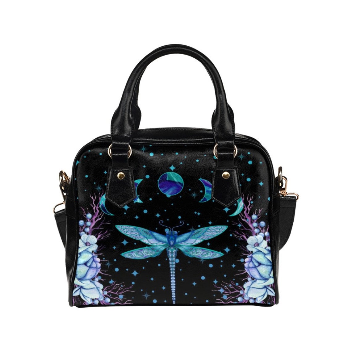 Turquoise Dragonflies Purse, Dragonfly Handbag, Moon Phases Floral ...