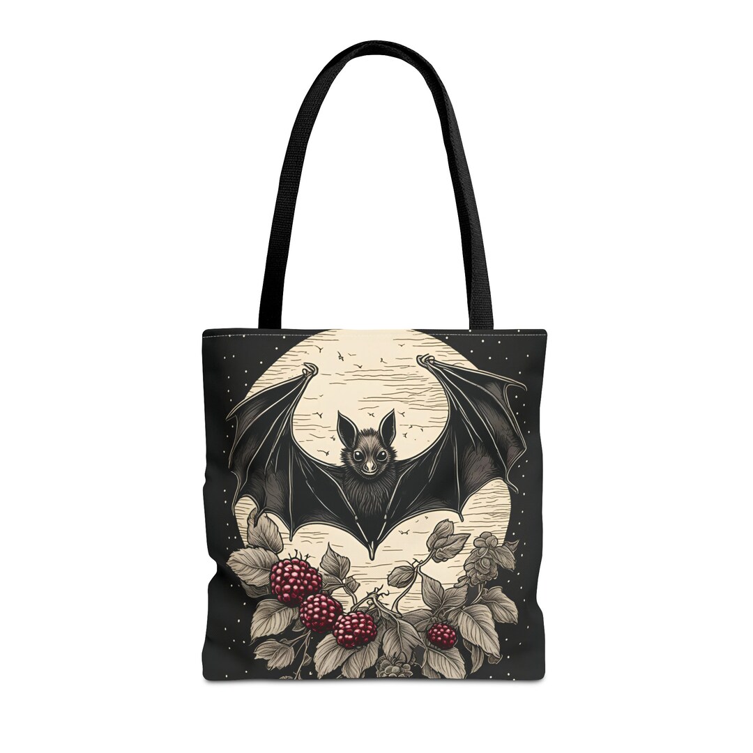 Gothic Bat Tote Bag, Dark Academia Tote With Flying Bat Raspberries and ...