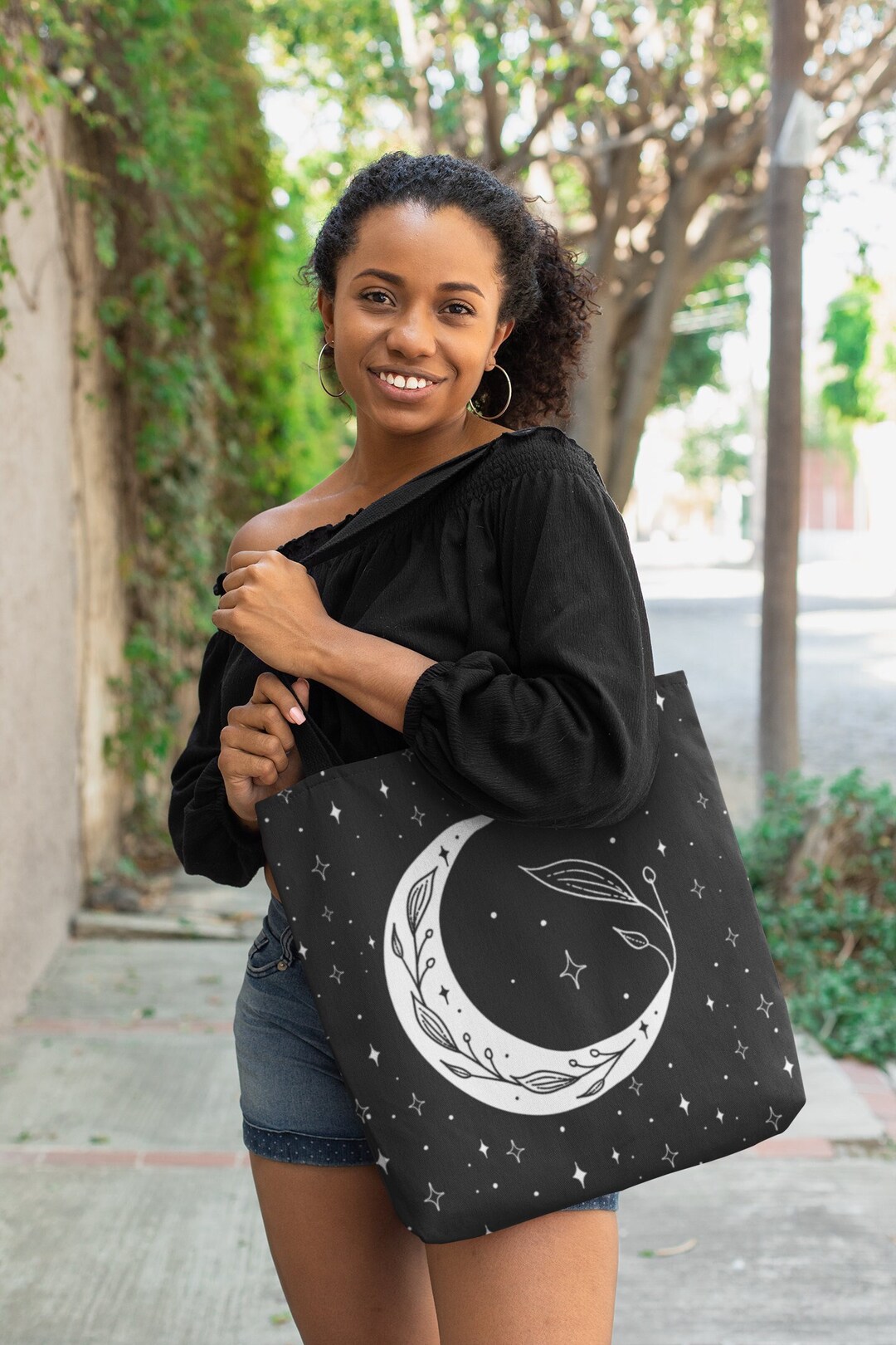 Moon Flowers Witch Tote Bag, Grocery Bag, Reusable Shopping Bag, Black ...