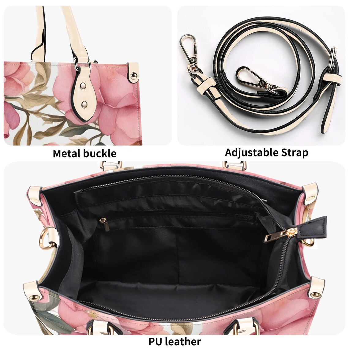Elegant Pink Flowers Purse, Spring Floral Faux Leather Hand Bag, Unique ...