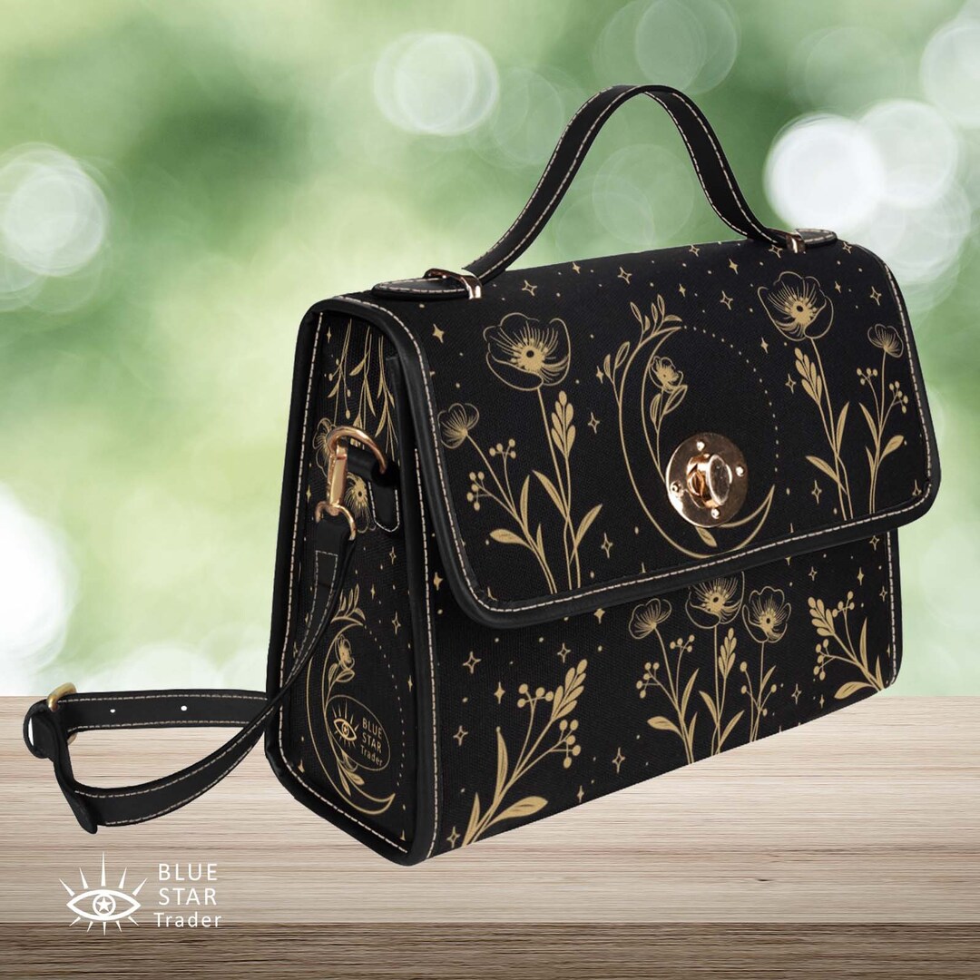 Witch Canvas Handbag Purse, Cute Women Flower Moon Crossbody Bag ...