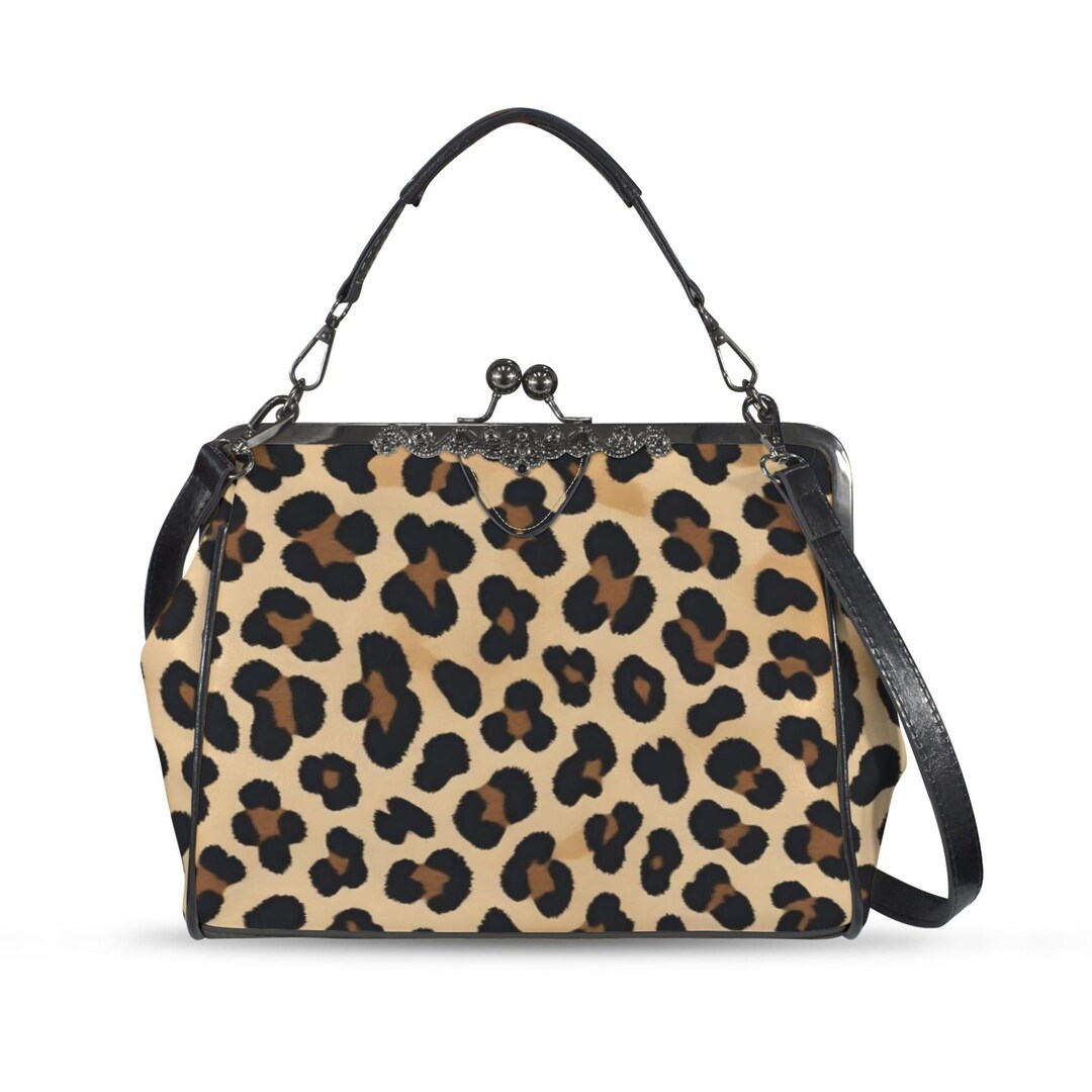Leopard Print Kiss Lock Purse, Animal Print Tan Crossbody Handbag, Cute ...