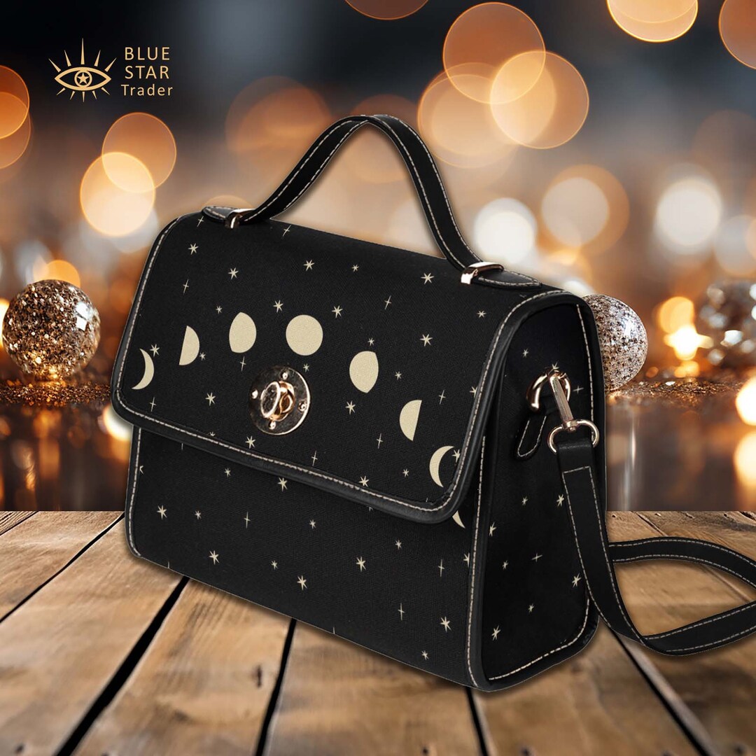 Minimalist Moon Phases Purse, Black Canvas Satchel Bag, Cute Womens ...