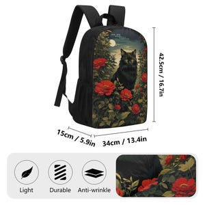 17 Inch Backpack, Retro Witchy Black Cat Rucksack Red Flowers, Full ...