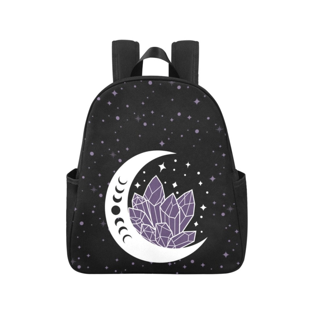 Crescent Moon Backpack, Amethyst Crystals, Moon Phases Cottagecore Book ...