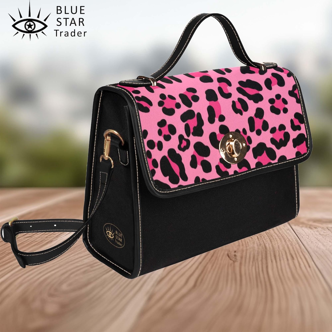 Pink Leopard Print Purse, Black Canvas Satchel Handbag, Cute Womens ...