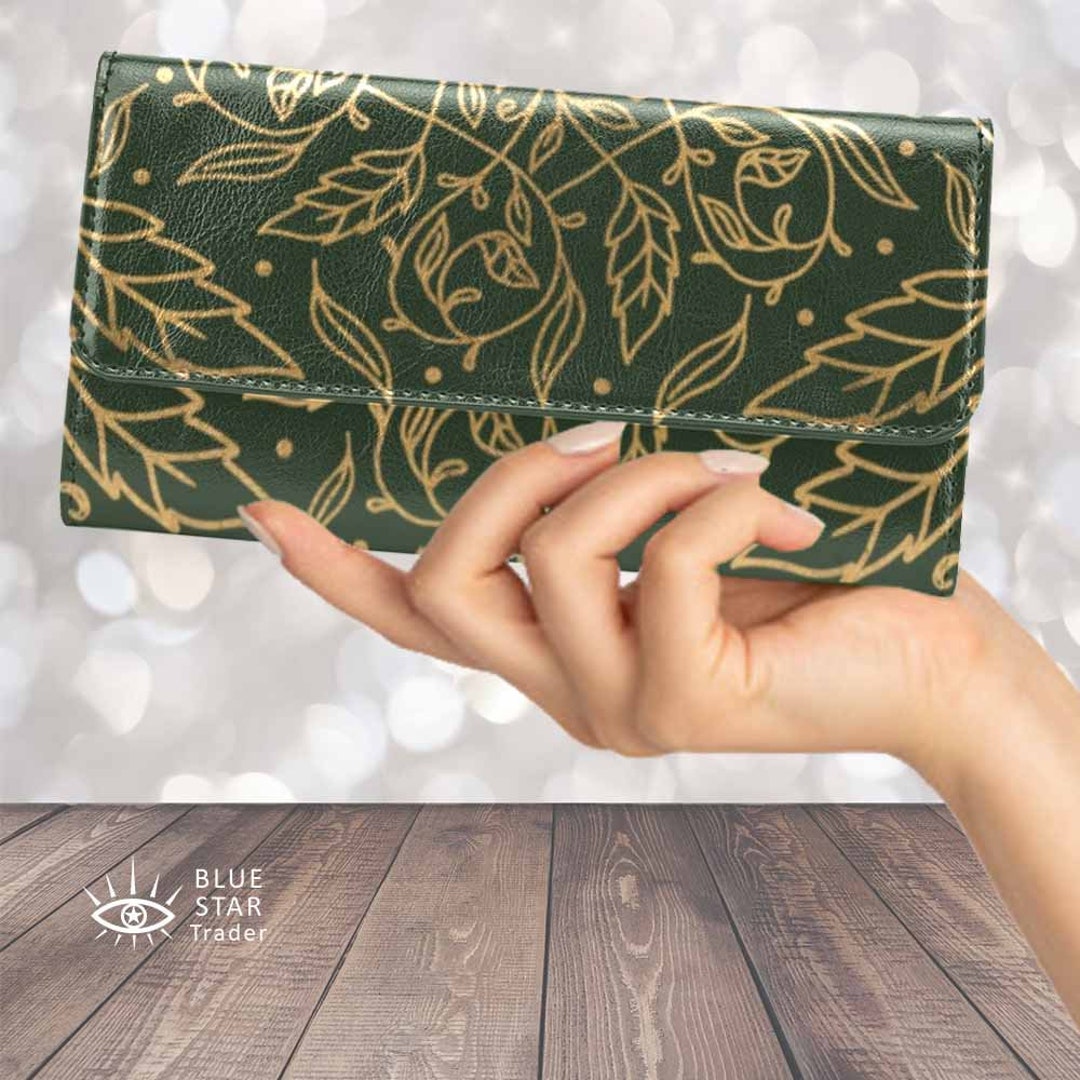 Green Leaves Mandala Trifold Wallet Womens 7.5 Inch Vegan Leaf Wallet ...