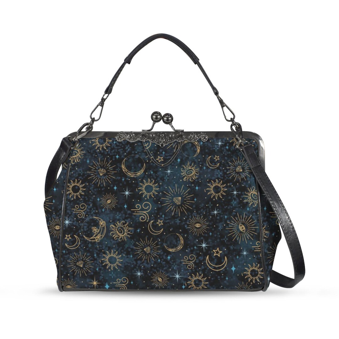 Blue Celestial Kiss Lock Purse, Moons Sun Stars Crossbody Handbag, Cute ...
