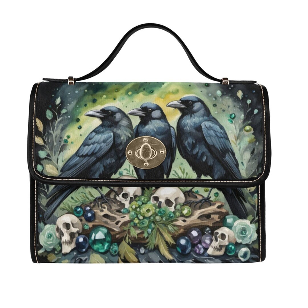 Green Goth Bag, Crow Skulls Handbag, Raven Purse Canvas Satchel Bag ...