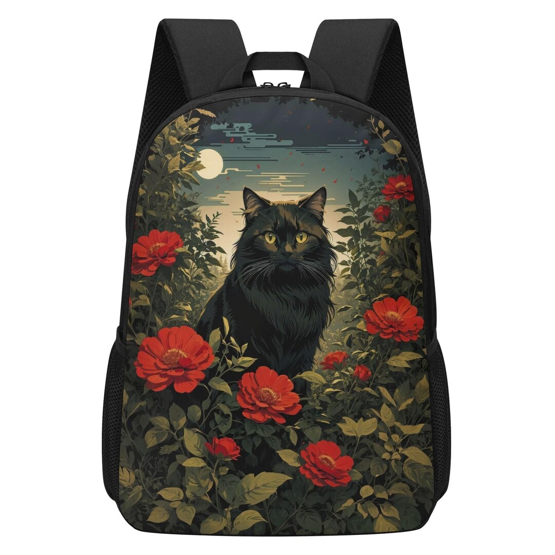 17 Inch Backpack, Retro Witchy Black Cat Rucksack Red Flowers, Full ...