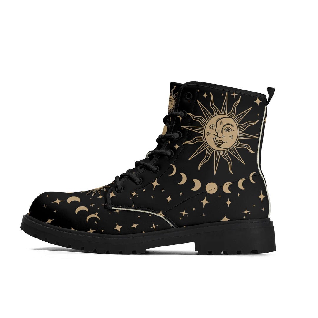 Black Sun Boots, Moon Phase Boots, Celestial Boots, Ankle Boots, Combat ...