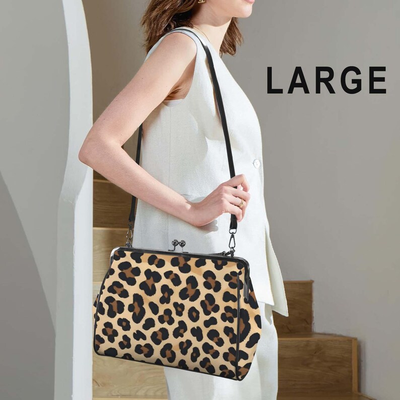 Leopard Print Kiss Lock Purse, Animal Print Tan Crossbody Handbag, Cute ...