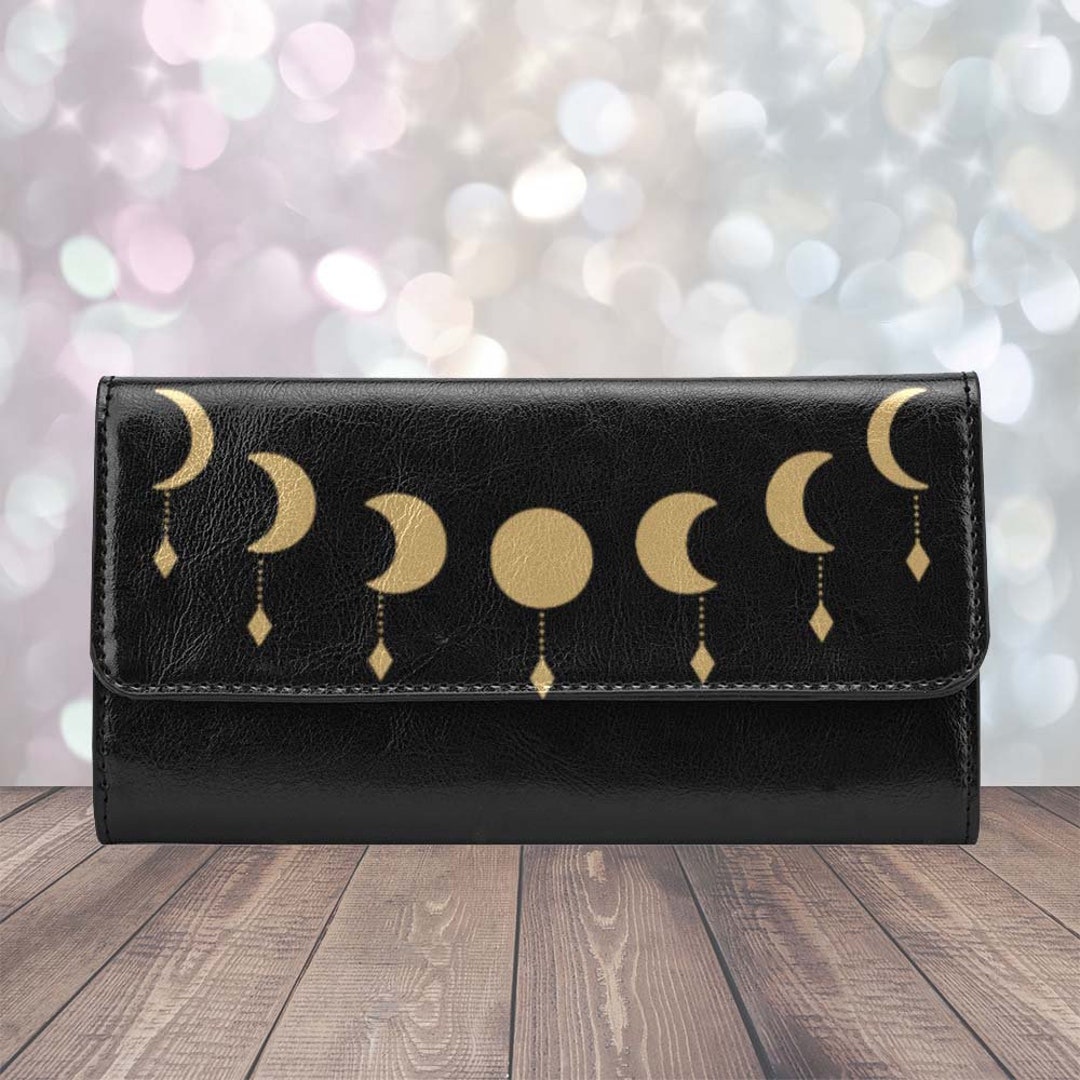 Minimalist Moon Phases Trifold Wallet, Womens Black 7.5 Inch Wallet ...
