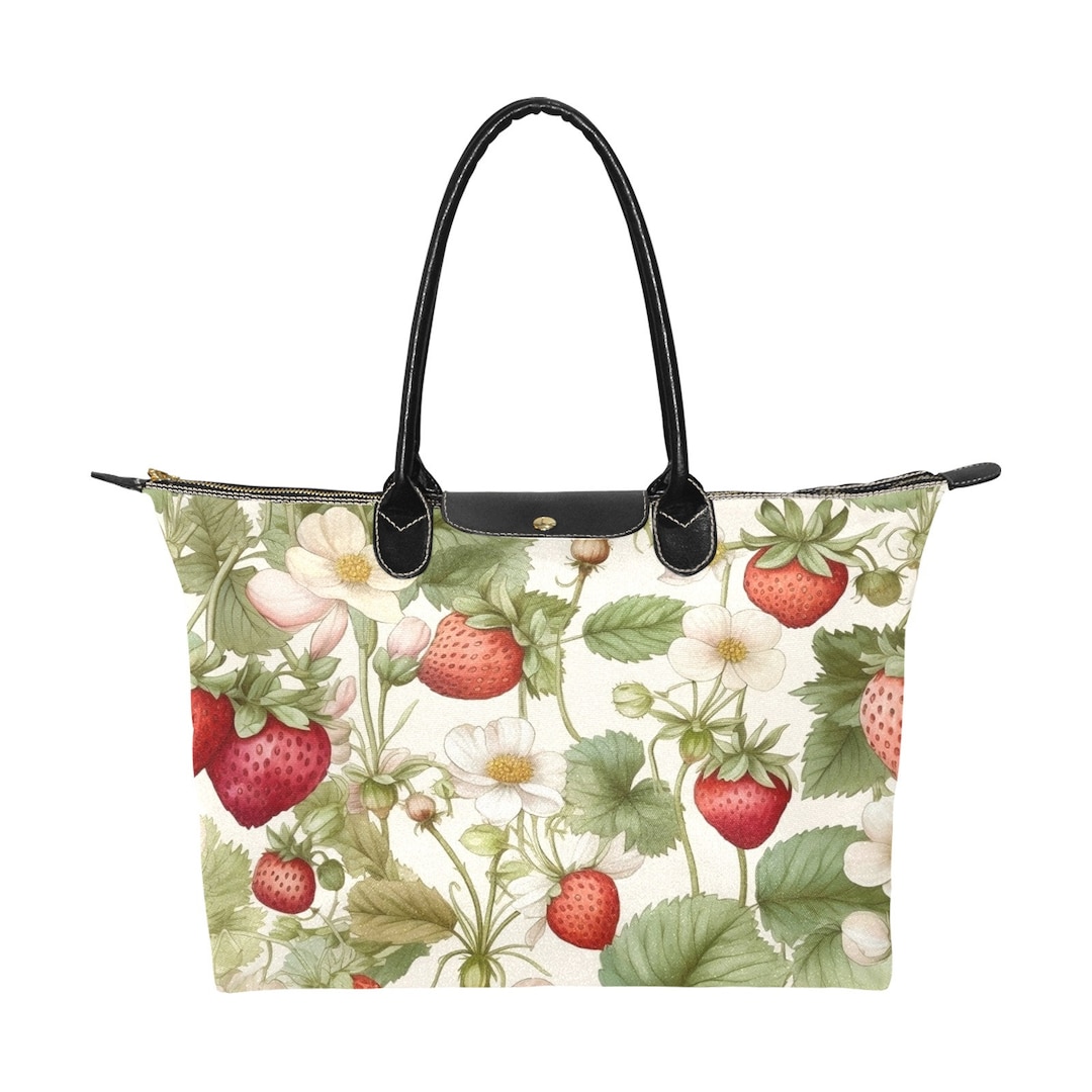 Large White Strawberries Tote Purse, Classic 15 Inch Handbag Vegan ...