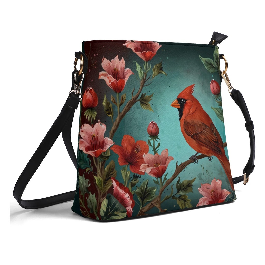 Red Cardinal Purse, Turquoise Floral Garden Handbag, Shoulder Bag ...