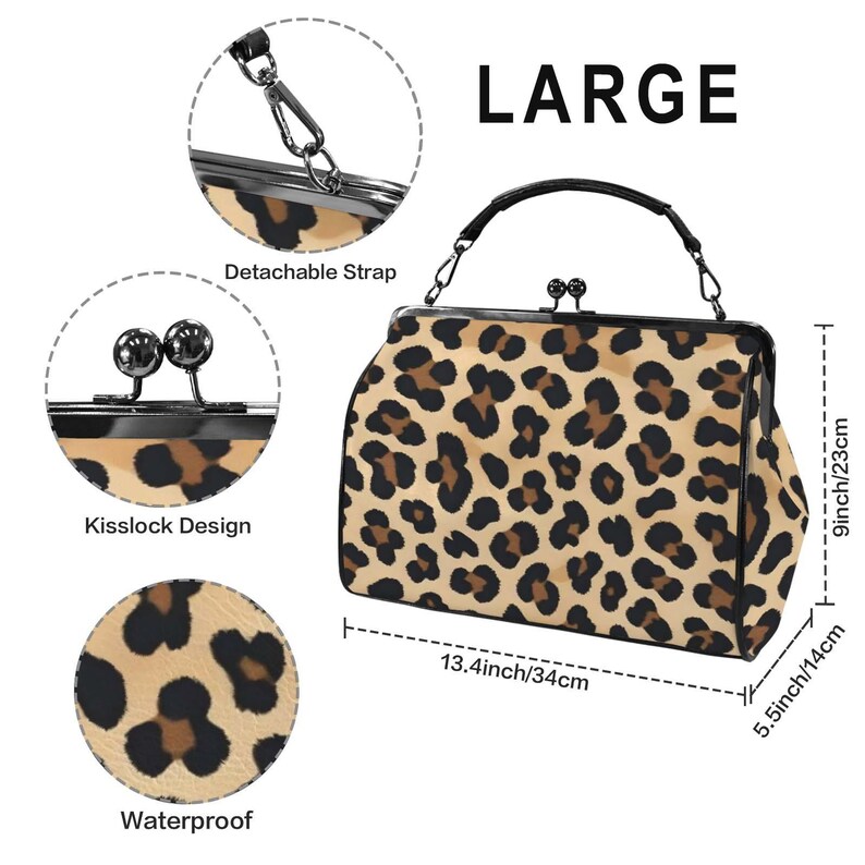 Leopard Print Kiss Lock Purse, Animal Print Tan Crossbody Handbag, Cute ...