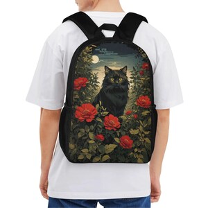17 Inch Backpack, Retro Witchy Black Cat Rucksack Red Flowers, Full ...