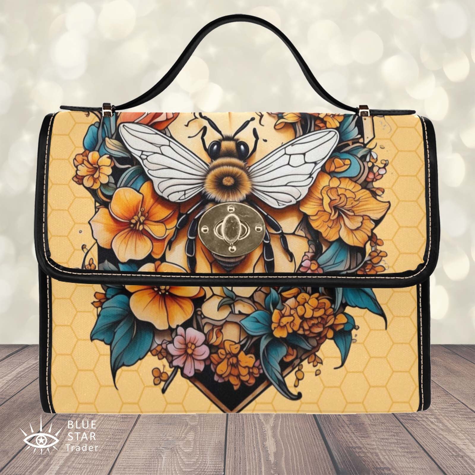 Yellow Honey Bee Purse Handbag, Floral Honeycomb Canvas Satchel Bag ...