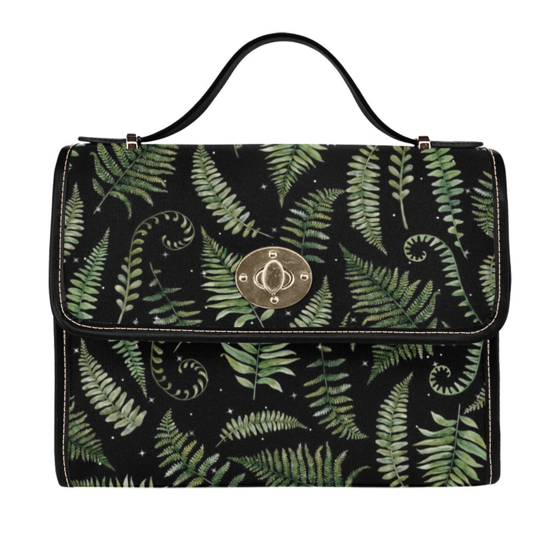 Boho Fern Forest Black Canvas Satchel Bag, Green Crossbody Purse, Cute ...