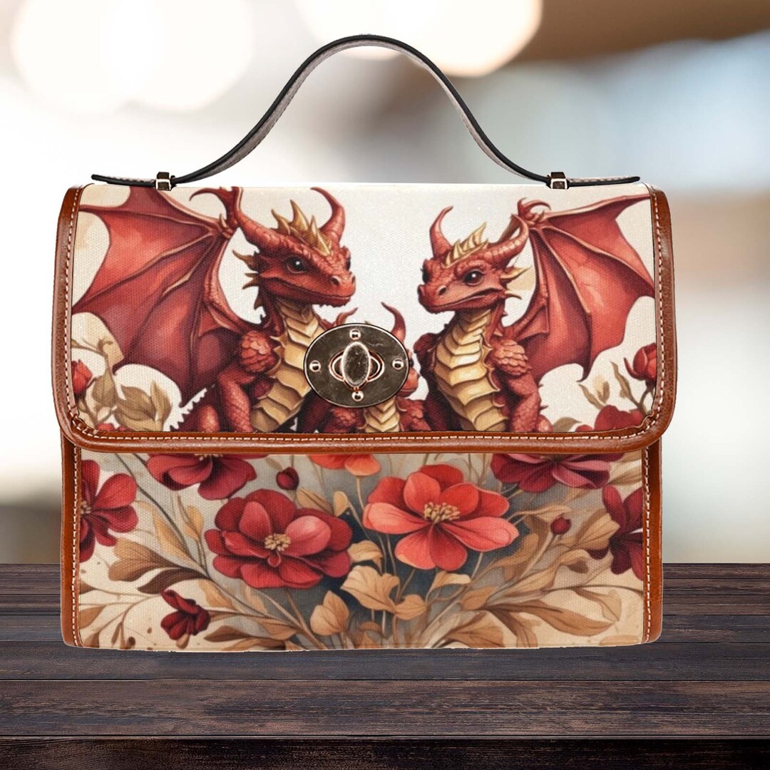 Red and Gold Dragon Purse, Blue Floral Handbag, Unusual Fantasy Gift ...