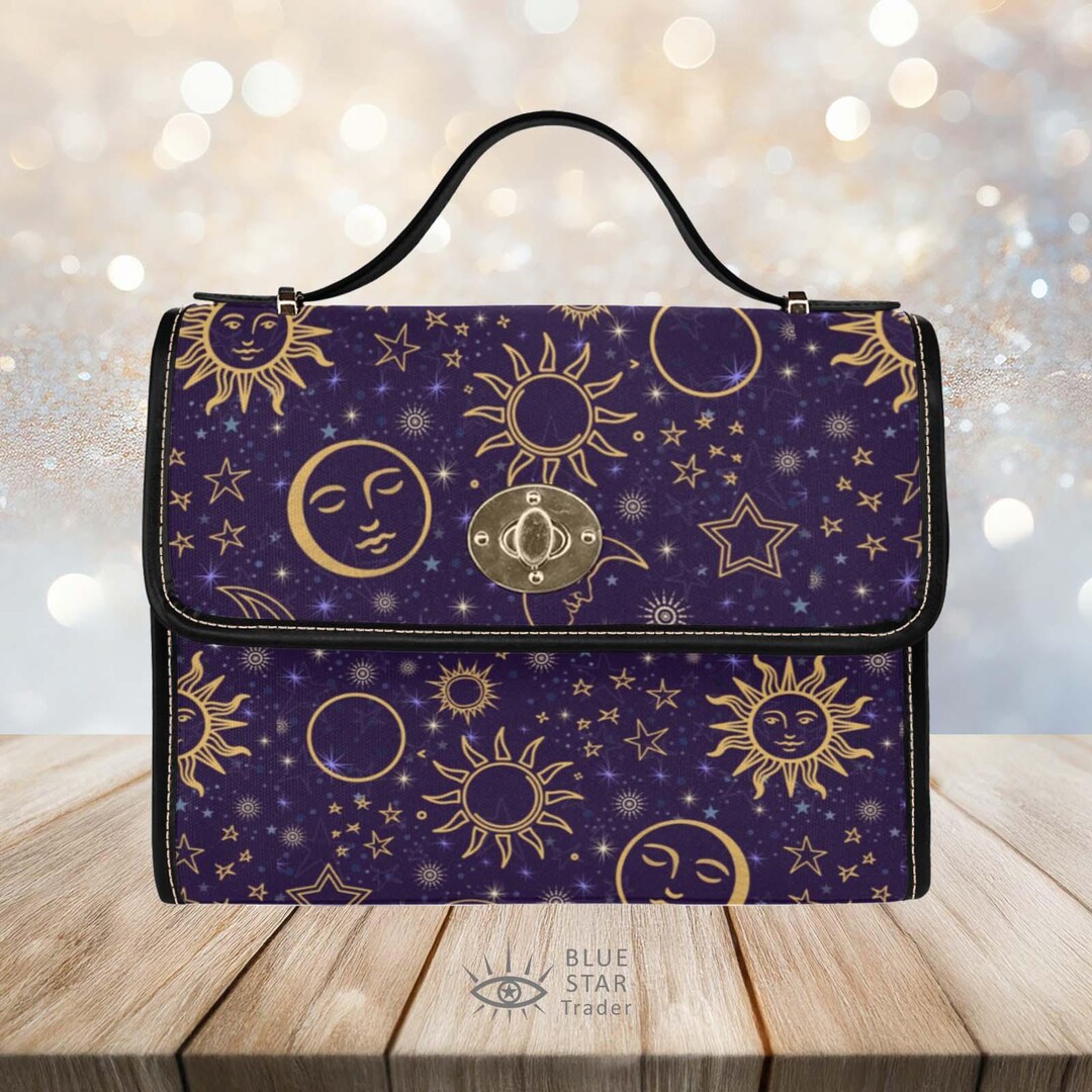 Purple Celestial Moons Stars Canvas Bag, Cute Witch Bag, Cross Body ...