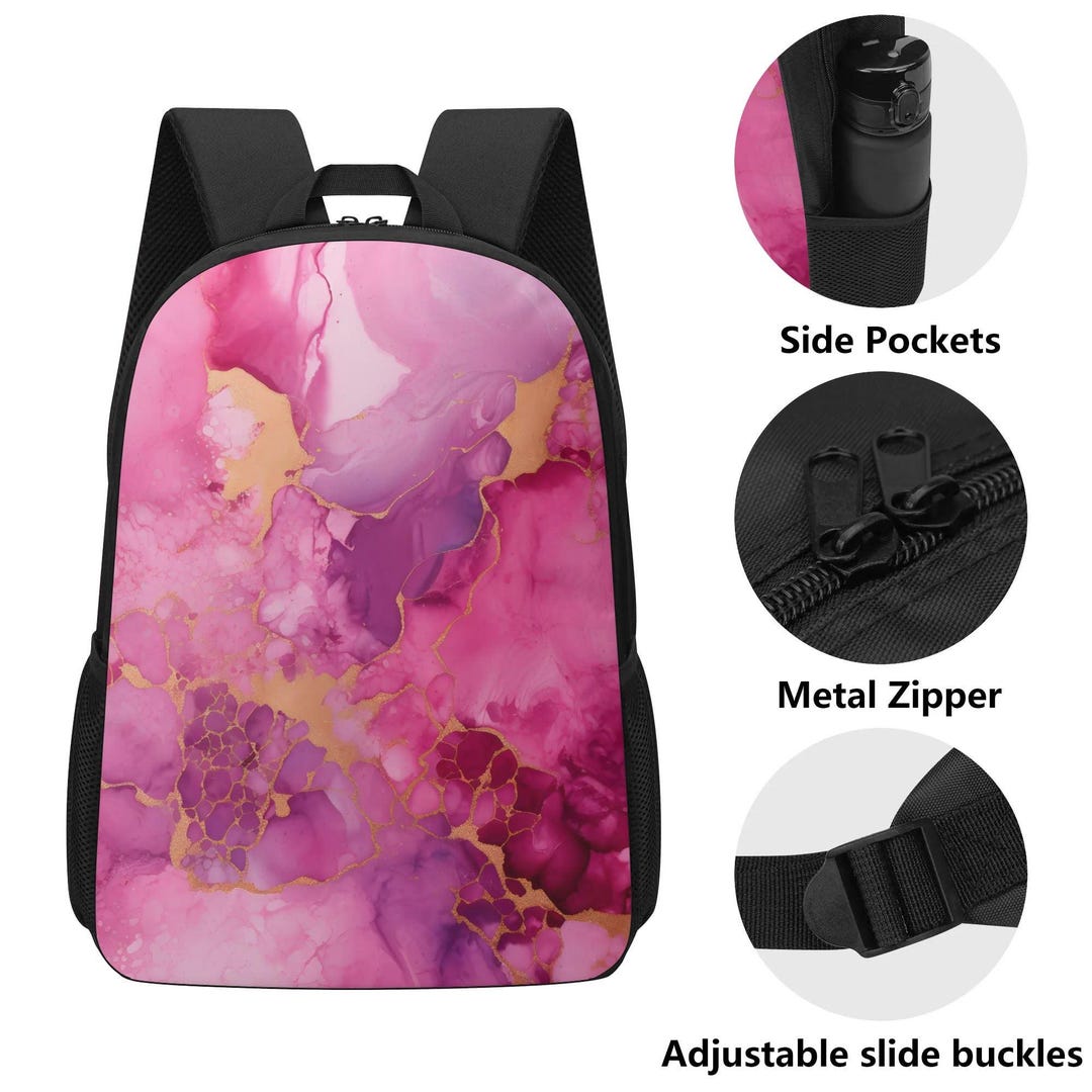 17 Inch Pink Marble Backpack Rucksack, Book Bag, School Bag, Girly ...