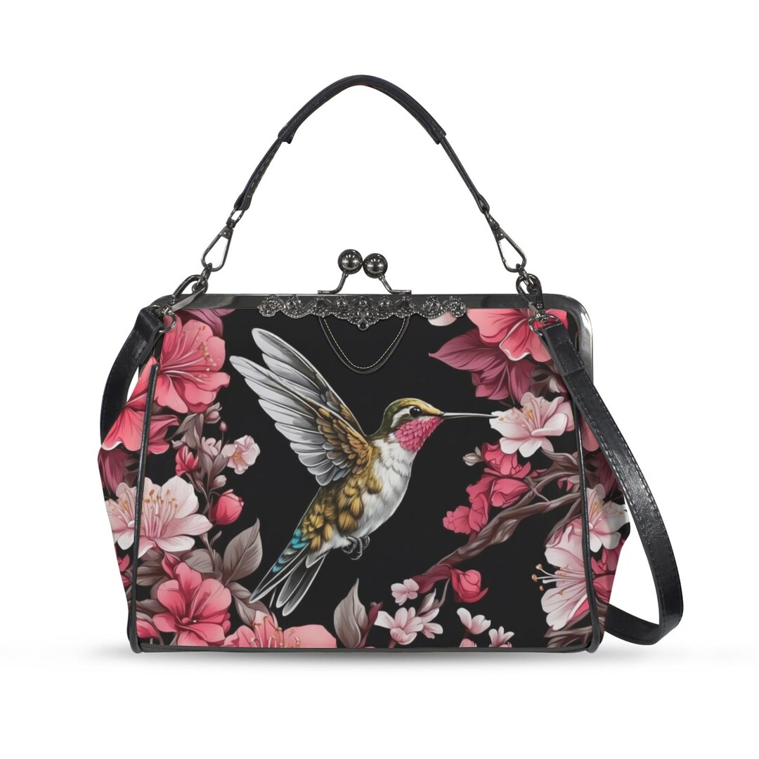Hummingbird Pink Cherry Blossom Kiss Lock Purse, Crossbody Floral ...