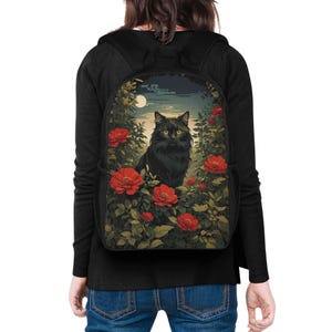 17 Inch Backpack, Retro Witchy Black Cat Rucksack Red Flowers, Full ...