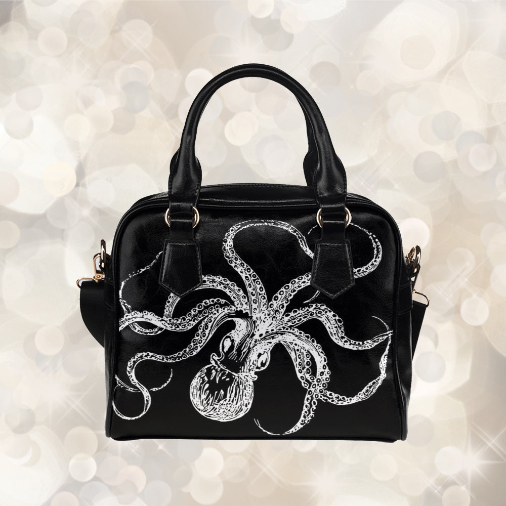 Black Goth Bag White Octopus Small Vegan Handbag | Steampunk Bowler Bag ...