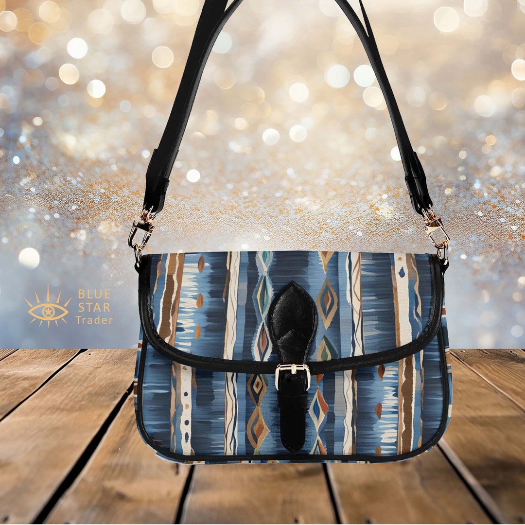 Boho Blue Striped Small Buckle Bag, Vegan Handbag, Aztec, Southwestern ...